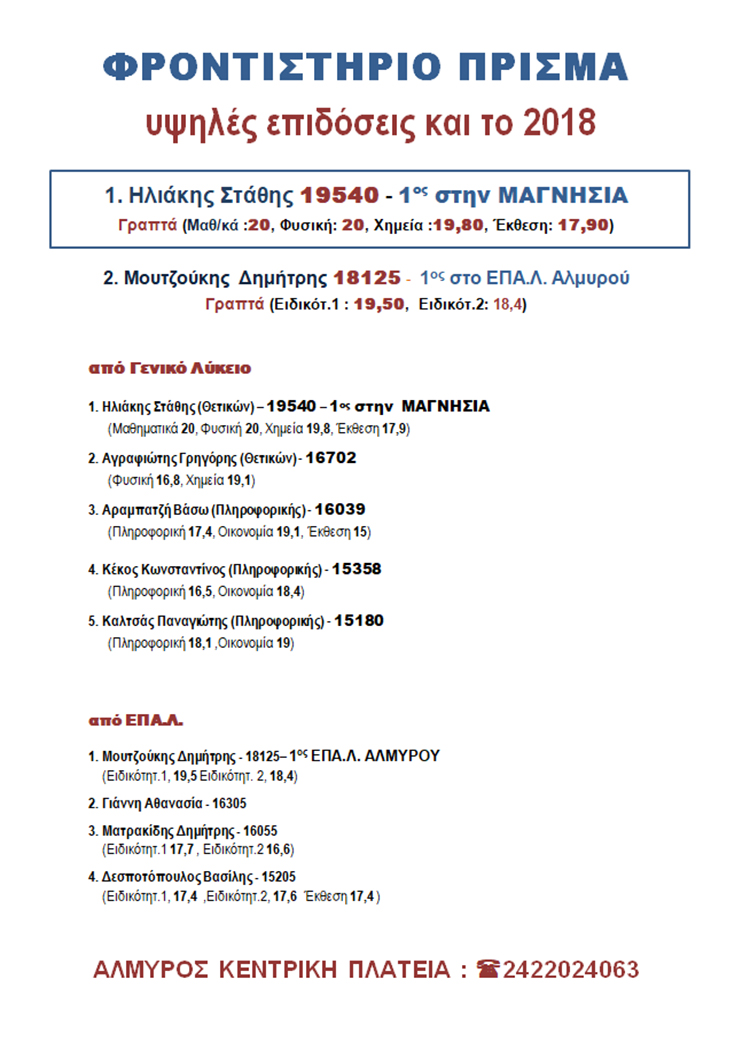 Φροντιστήριο ΠΡΙΣΜΑ: Υψηλές επιδόσεις και το 2018 - Λαός της Μαγνησίας